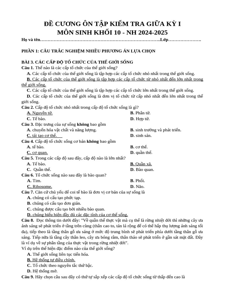 KTgiuaHKI - Decuong Sinh10 - 2024 - 2025 - New | PDF