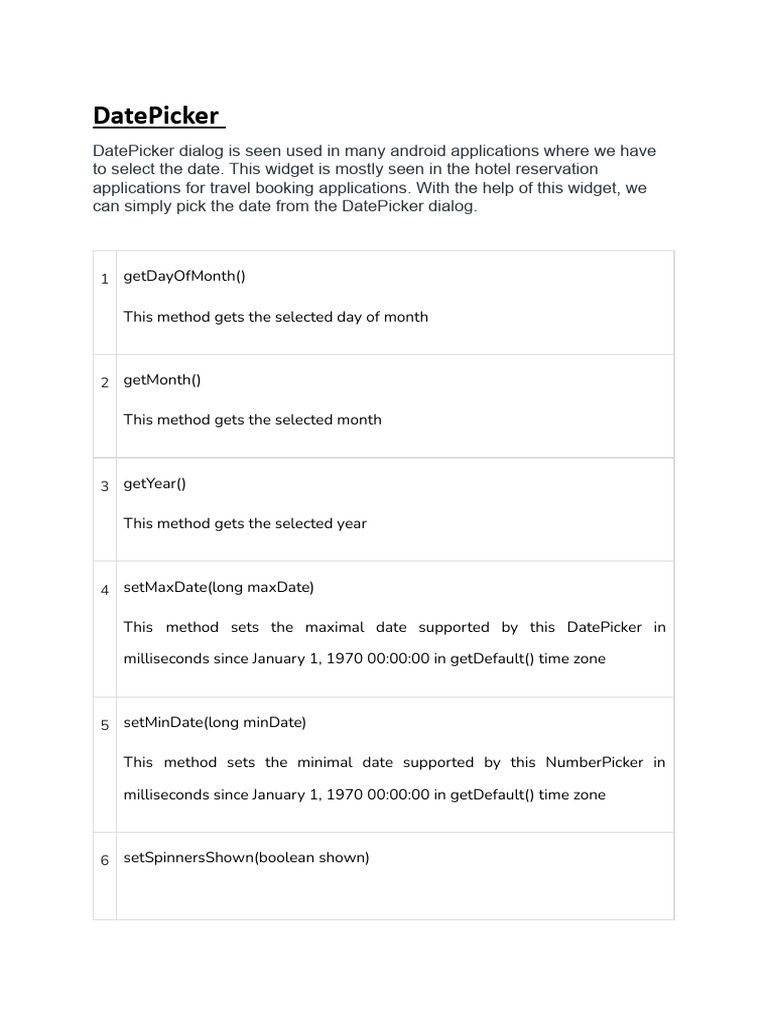 Datepicker Spinner List View Pdf Parameter Computer Programming Android Operating System