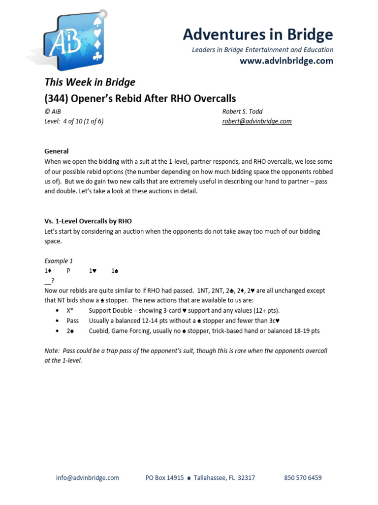 3 (344) Openers Rebids After RHO Overcalls | PDF | Contract Bridge ...