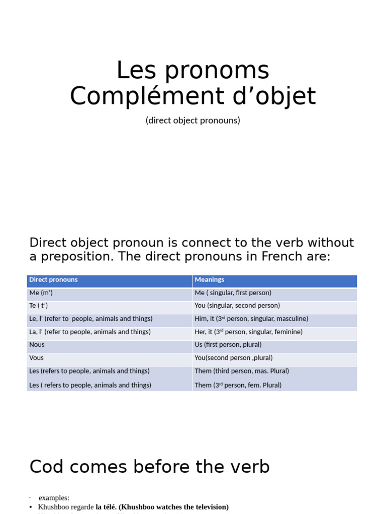 Les pronoms Complément d’objet | PDF | Unités sémantiques | Linguistique