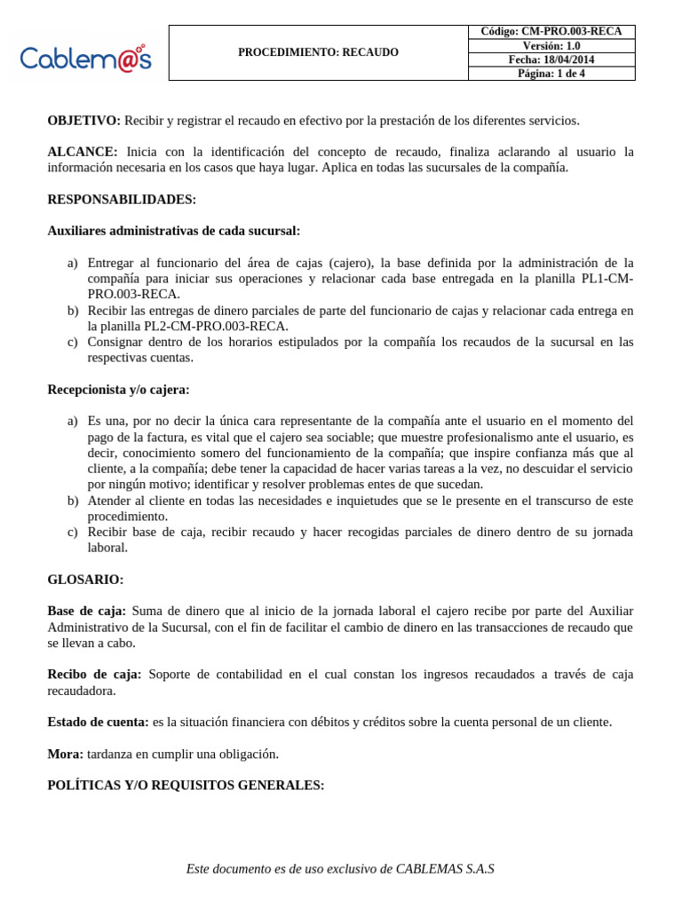 Procedimiento de Recaudo Efectivo CABLEMAS | PDF | Dinero