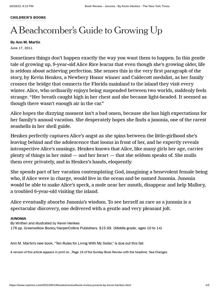 Book Review - Junonia - By Kevin Henkes - The New York Times | PDF
