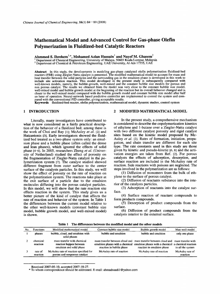 Mathematical Model and Advanced Control for Gas-phase Olefin Polymerization in Fluidized-bed ...