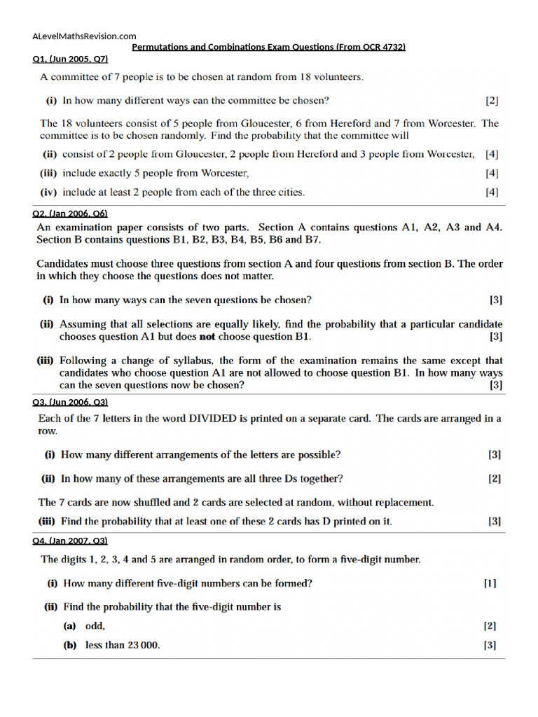 Permutations and Combinations Exam Questions | PDF