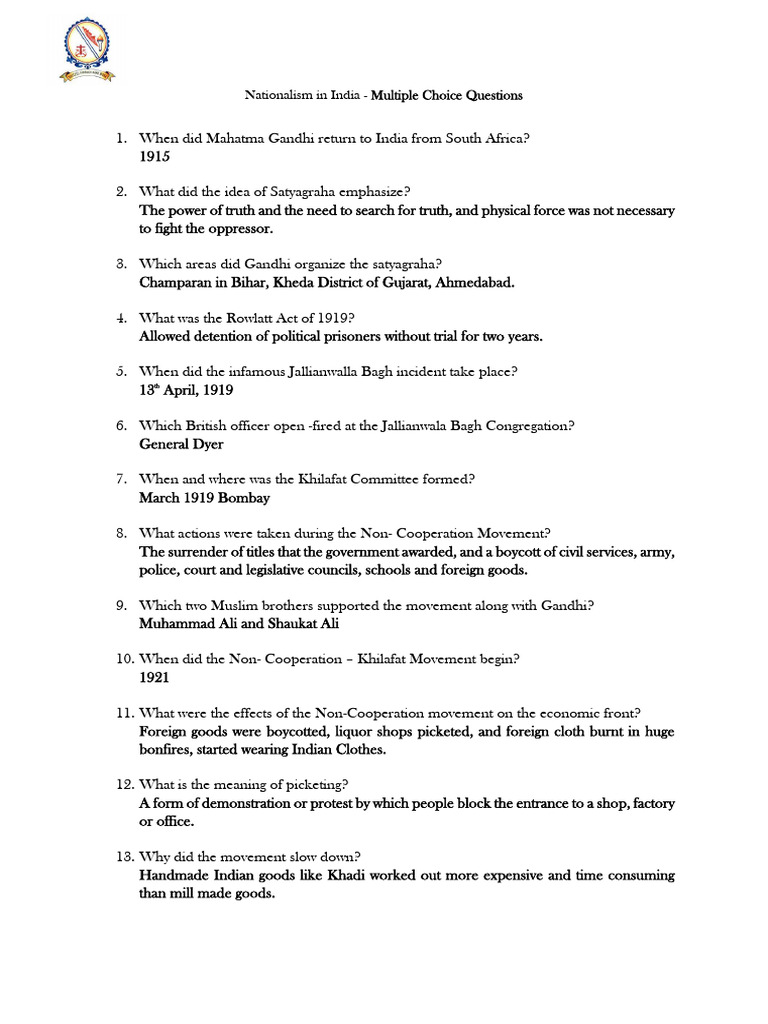 Nationalism in India - Multiple Choice Questions | PDF | Indian ...