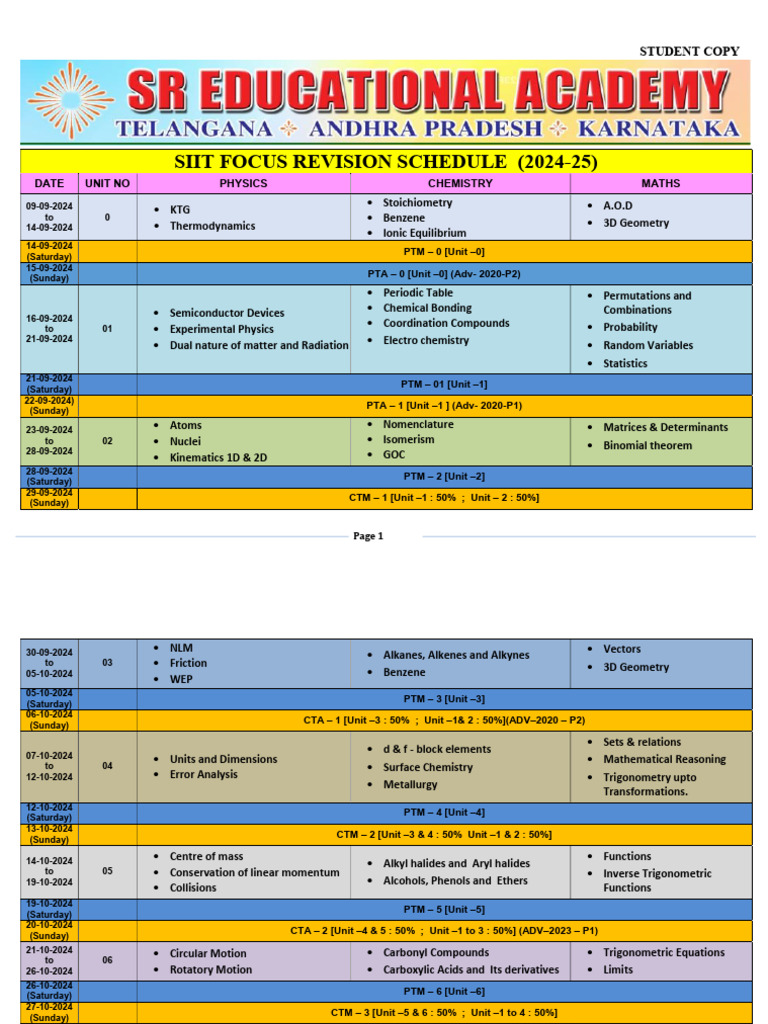 Siit Focus Revision Schedule (2024-25) - Student Copy - (Colour) (PTM-0 ...