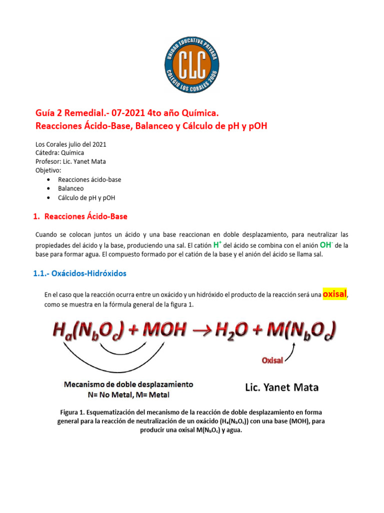 Guia 2 4Q Remedial 07-21 Reacciones Acido - Base, Calculo de PH y POH ...
