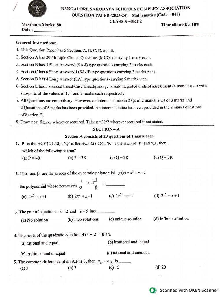 Maths Sahodaya Set 2 (With Answer Key) | PDF