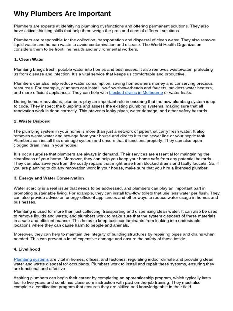 Why Plumbers Are Important | PDF | Plumbing | Waste