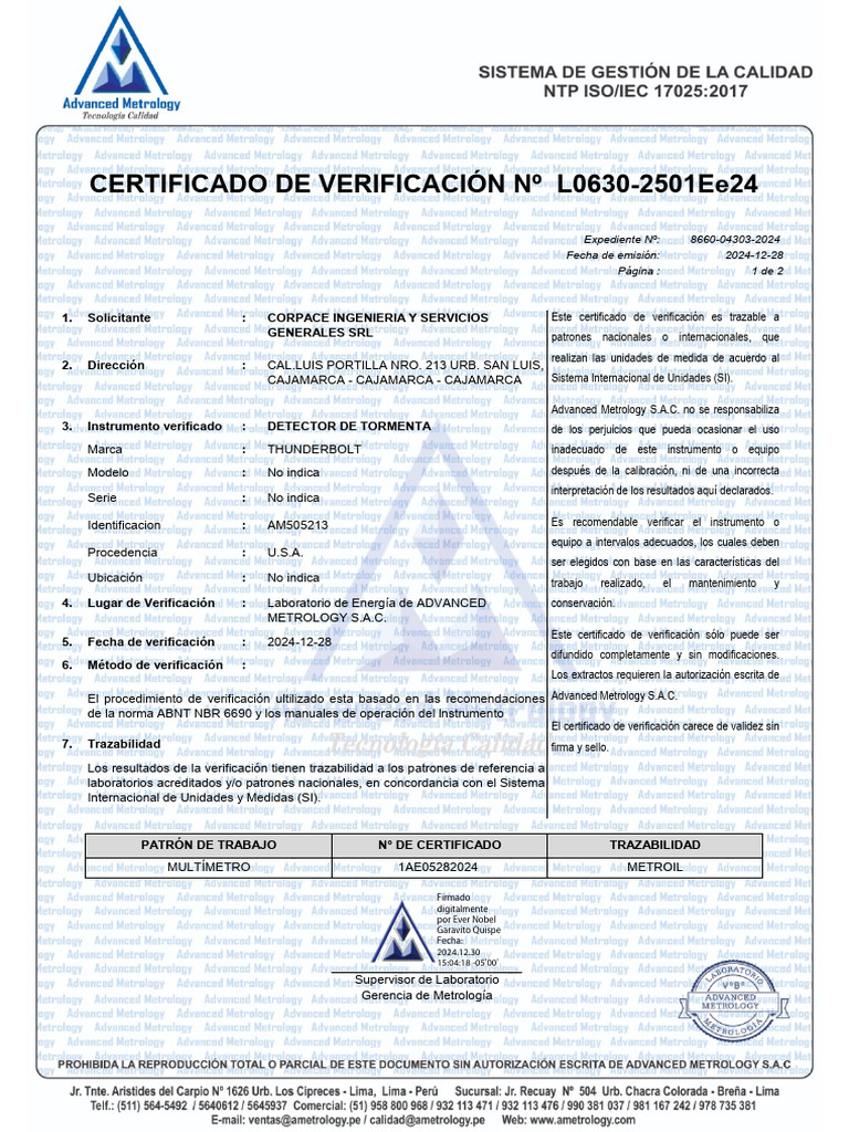 Certificado de Verificación de Instrumentos | PDF | Calibración ...