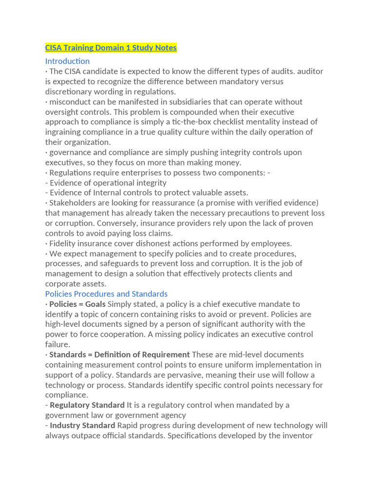 CISA Training Domain 1 Study Notes | PDF | Audit | Auditor's Report