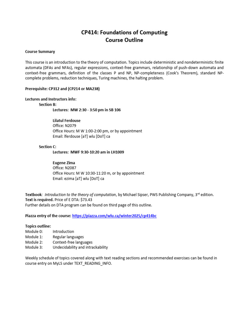 CP414-B-C_outline_W25 | PDF | Theory Of Computation | Academic Integrity
