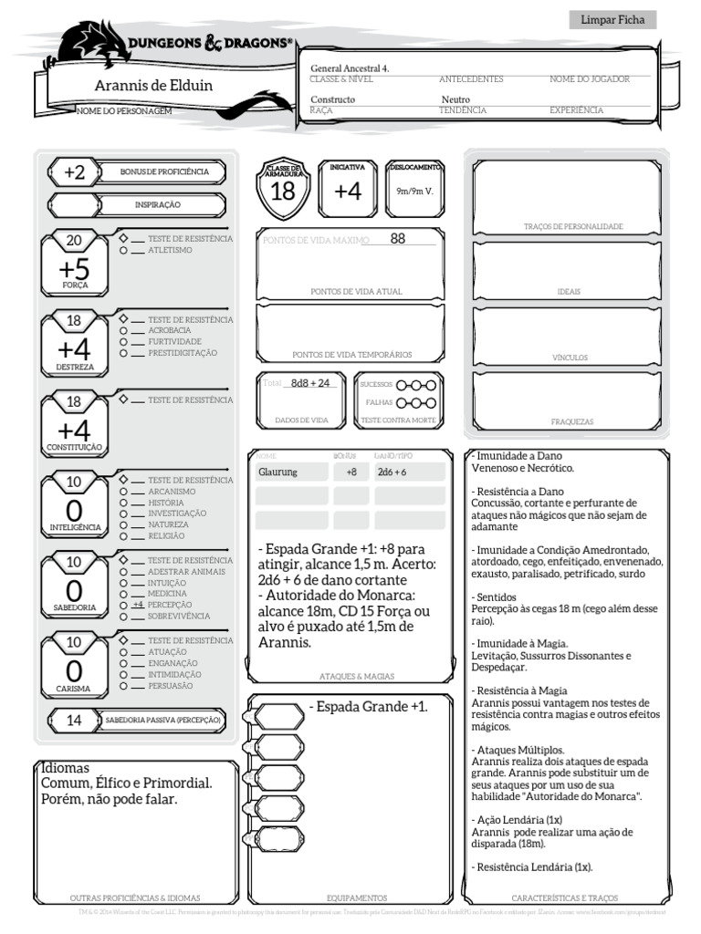 Ficha de Personagem: Arannis de Elduin | PDF | Dungeons & Dragons (jogo)