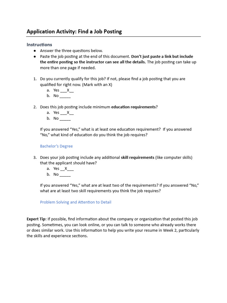 pc102 w01 Document Applicationactivity Findajobpostingsample | PDF | Business