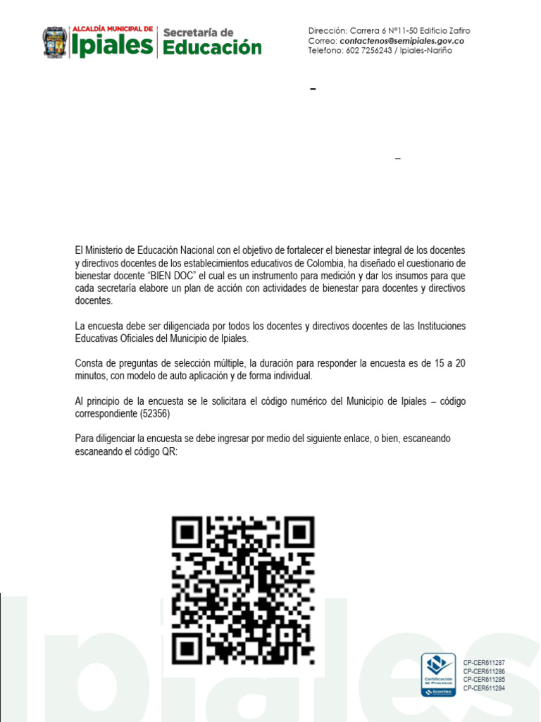 Encuesta Bienestar Docente Ipiales | PDF | Metodología de encuesta