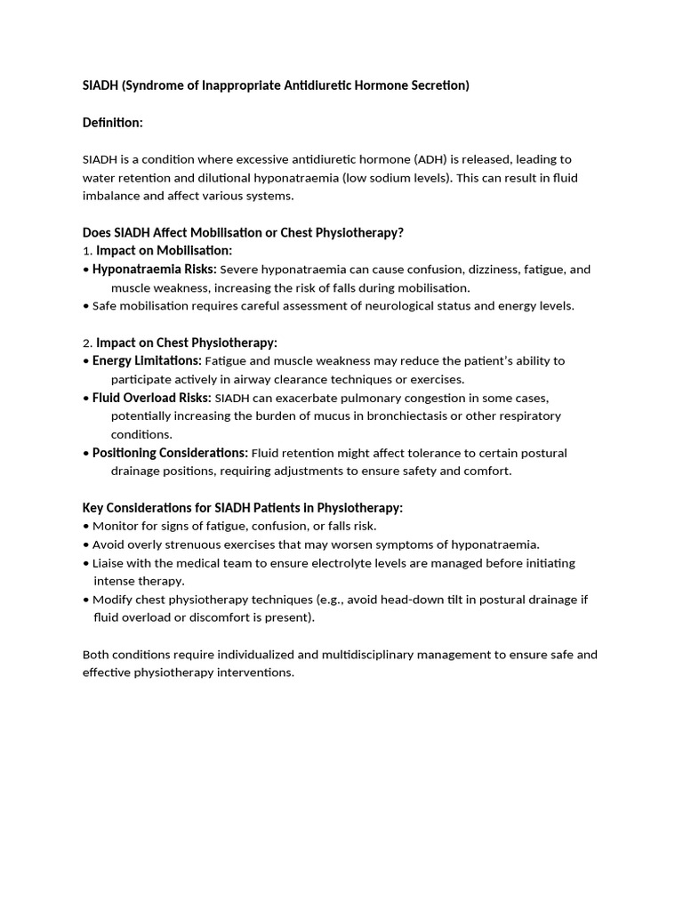 SIADH and It's Physiotherapy Imlications | PDF