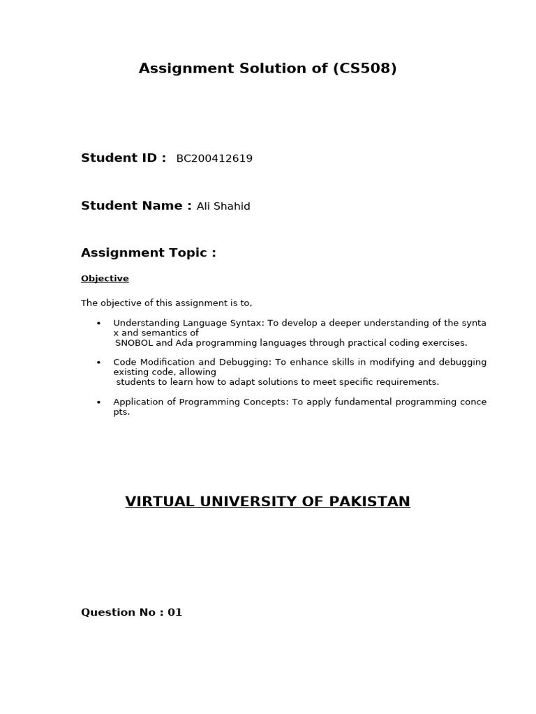 CS508 Assignment: SNOBOL & Ada Solutions | PDF | Variable (Computer ...