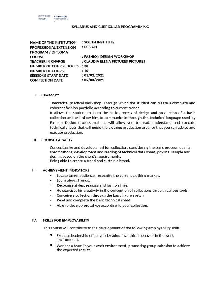 Fashion Design Workshop Syllabus | PDF | Fashion | Design