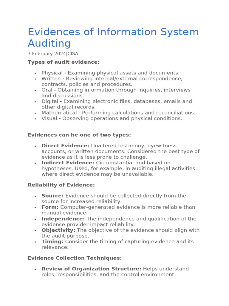 Evidences of Information System Auditing | PDF | Audit | Reliability Engineering