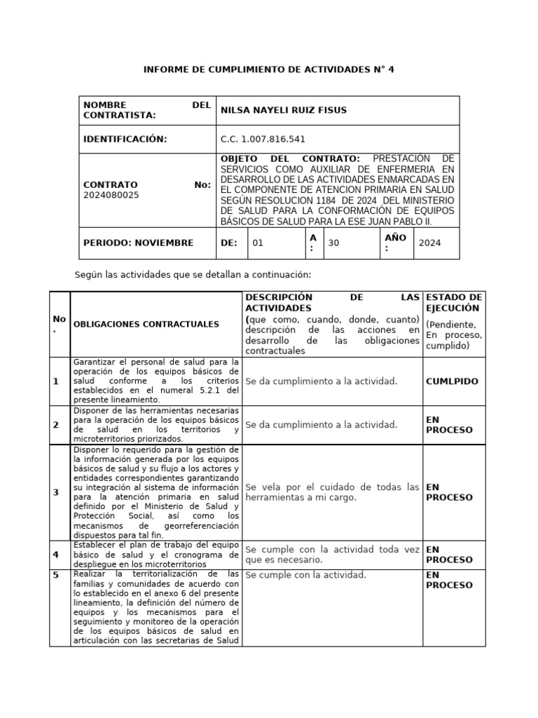 Informe Actividades Naye Noviembre | PDF | Trabajo Social | Cuidado de la salud