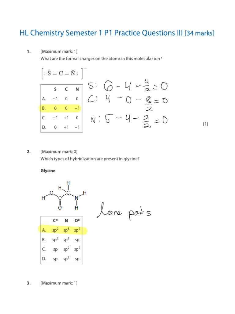 HL Chemistry Semester 1 P1 Practice Questions III | PDF