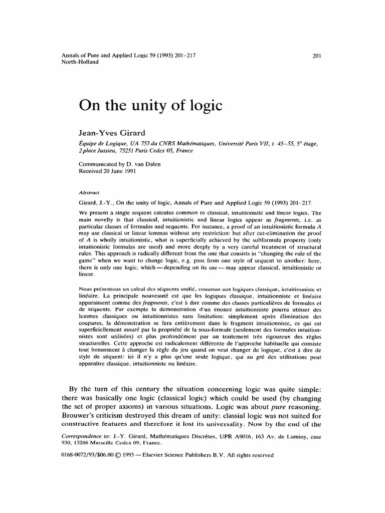 Girard - On The Unity of Logic | PDF | Theoretical Computer Science | Logic