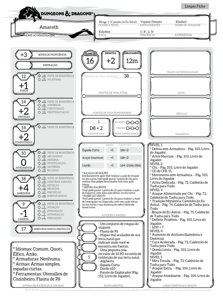 Ficha de Personagem Monge Kalashtar Nível 5 | PDF | Dungeons & Dragons (jogo)