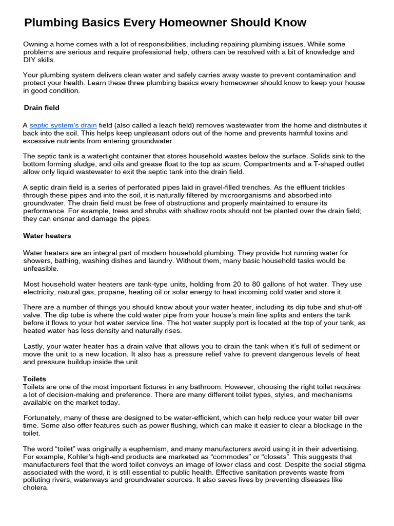 Plumbing Basics Every Homeowner Should Know | PDF | Toilet | Septic Tank