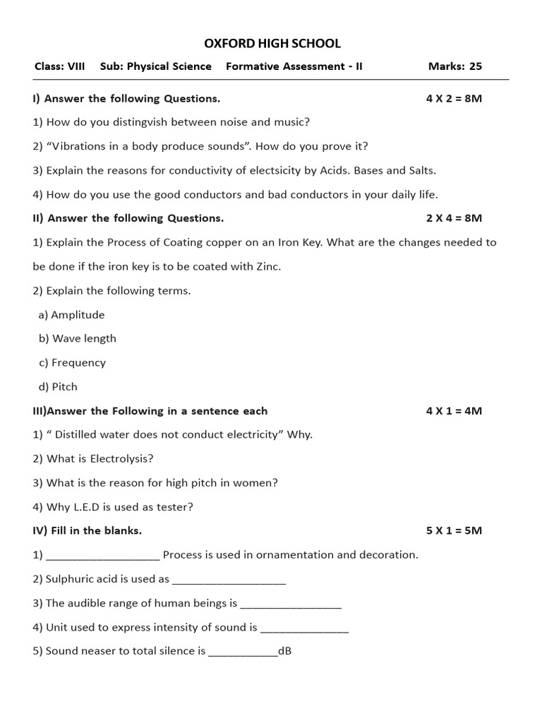 Physical Science Assessment for Class VIII | PDF