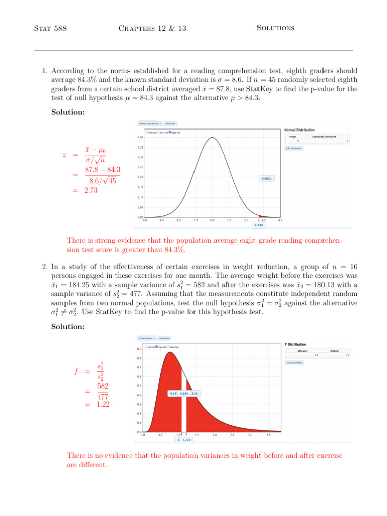 Chapter12&13 Review Solutions | PDF | P Value | Variance
