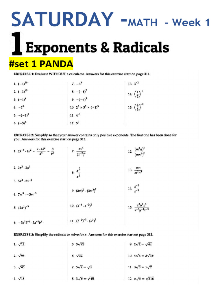 Sat Week 1 Math Exercises + HW | PDF