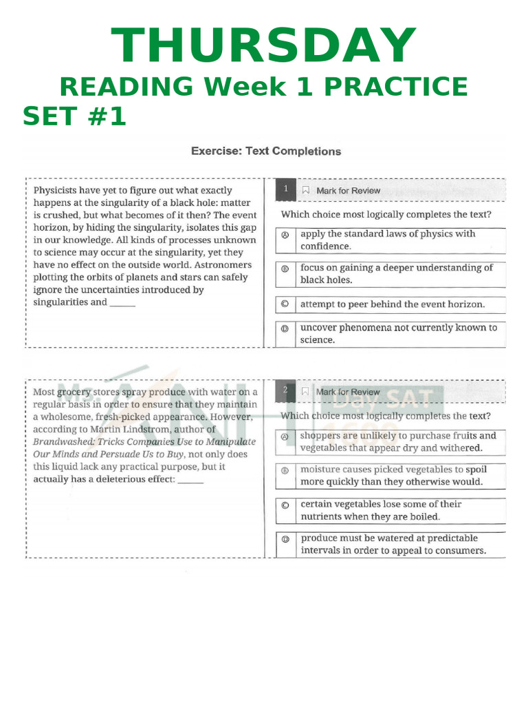 Thu Week 1 Reading Practice + Homework | PDF