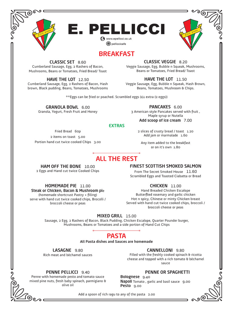 Pellicci Menu A4 Final2 | PDF | Bacon | Pesto