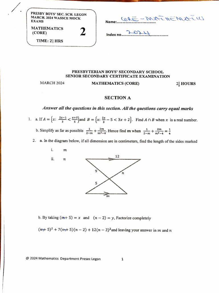 Core Mathematics (Mock 2024) Section B | PDF | Qualifications | Student ...