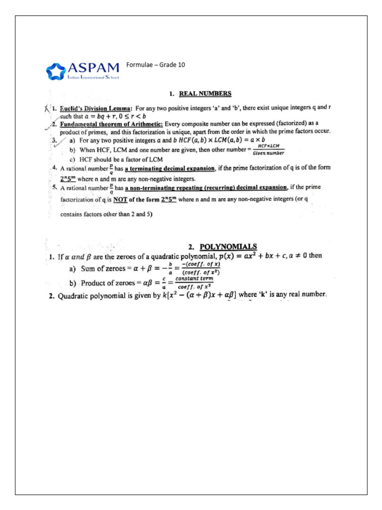 Grade 10 Formul;aes | PDF