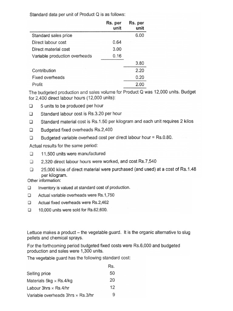 Standard Costing and Variances - Extra Practice Questions | PDF