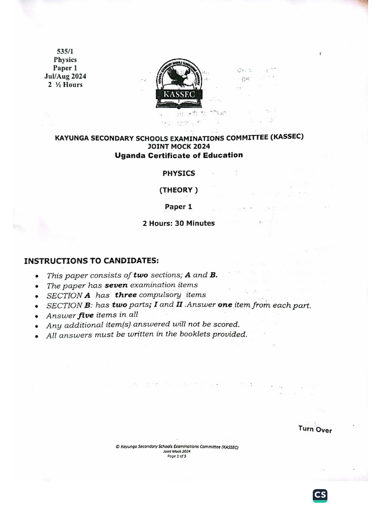 KASSEC PHYSICS PAPER 1 THEORY UCE 2024 | PDF