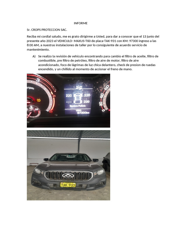 Mantenimiento Vehículo MAXUS-T60 2023 | PDF