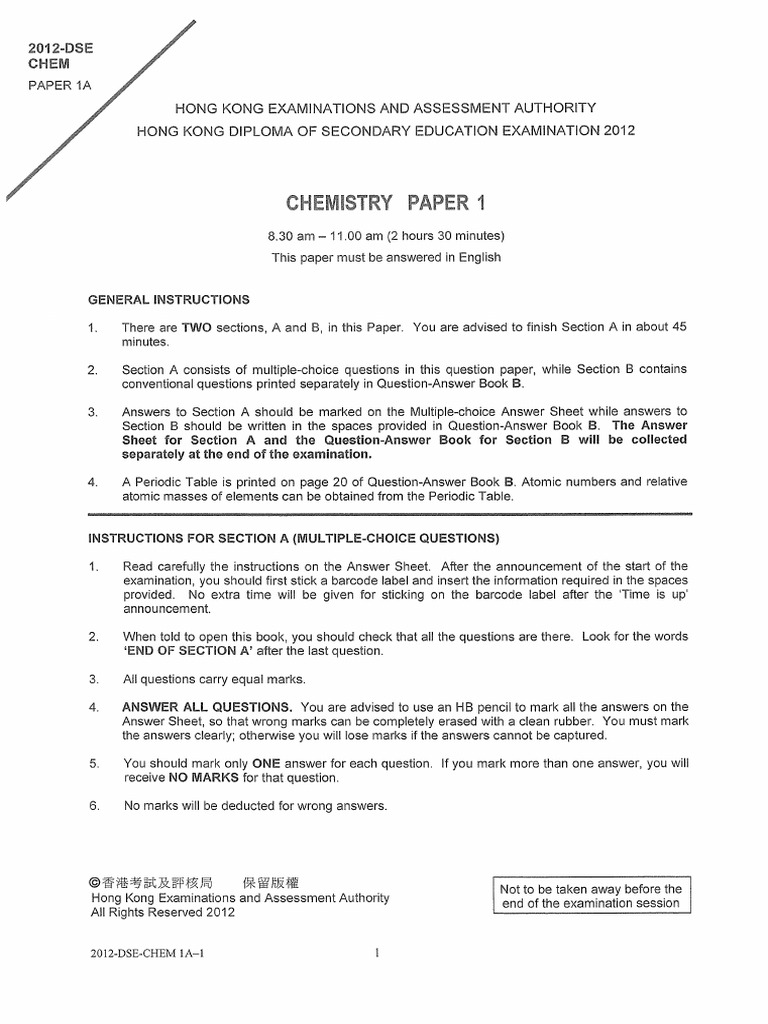 2012 DSE Chem Paper 1A | PDF | Multiple Choice | Physical Sciences