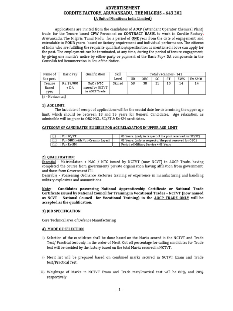 CORDITE FACTORY ARUVANKADU Job 1 | PDF | Vocational Education