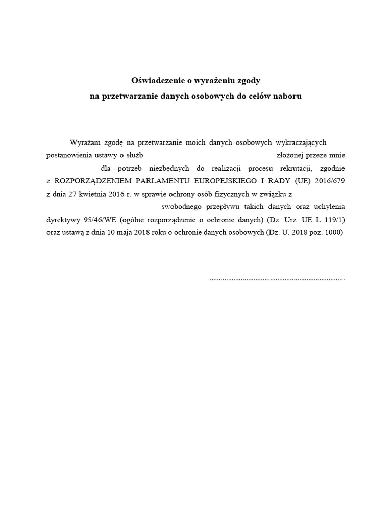 Owiadczenie o Wyrażeniu Zgody Na Przetwarzanie Danych Osobowych Do ...