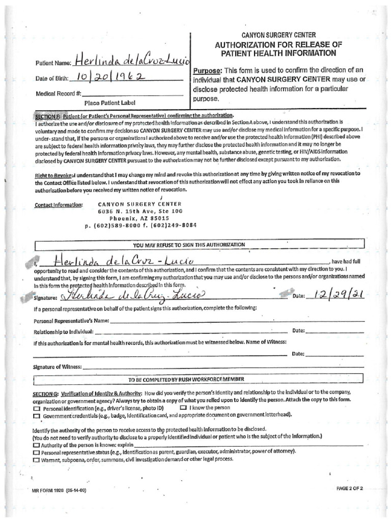 Medical Release - Canyon Surgery | PDF