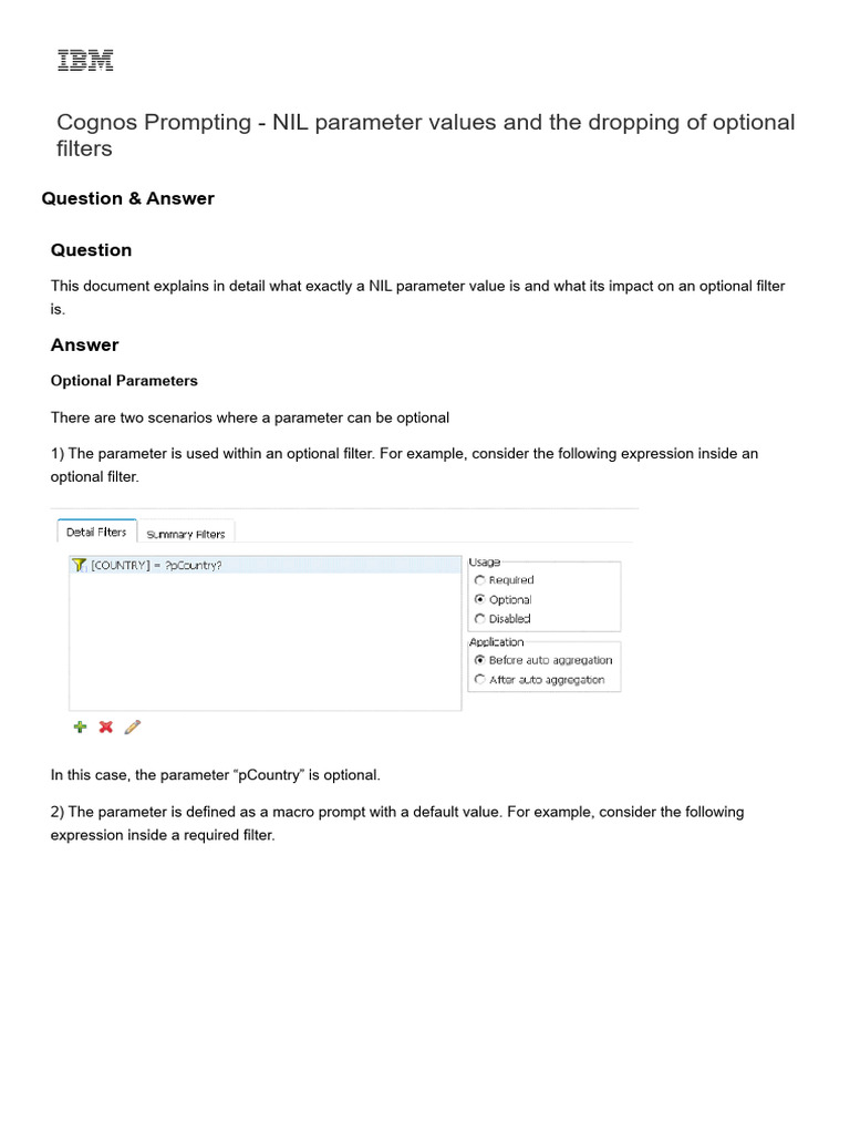 Cognos Prompting - NIL Parameter Values and The Dropping of Optional Filters | PDF | Parameter ...