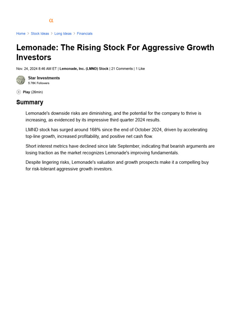 Lemonade - The Rising Stock For Aggressive Growth Investors (NYSE ...