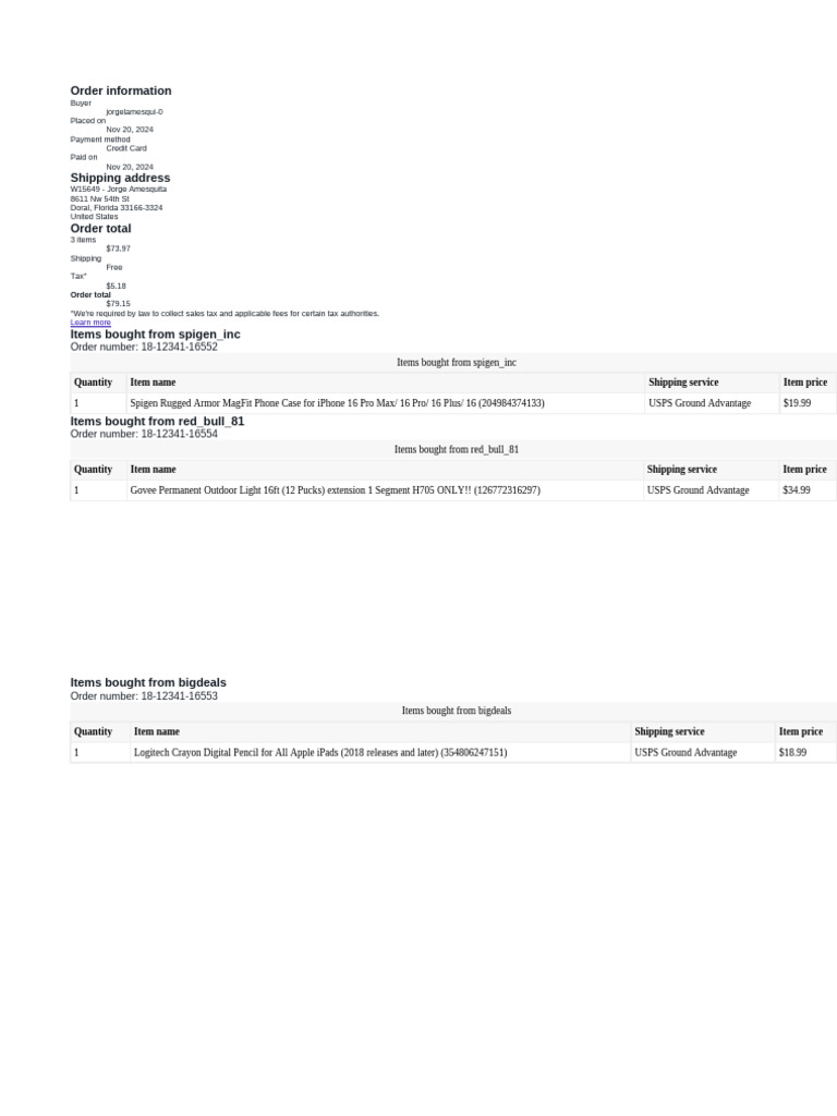 Order Summary for Jorge Amesquita | PDF