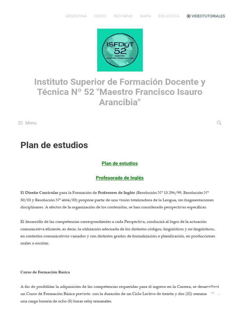 Plan de Estudios ISFDyT 52 Maestro Francisco Isauro Arancibia | PDF | Plan de estudios | Maestros