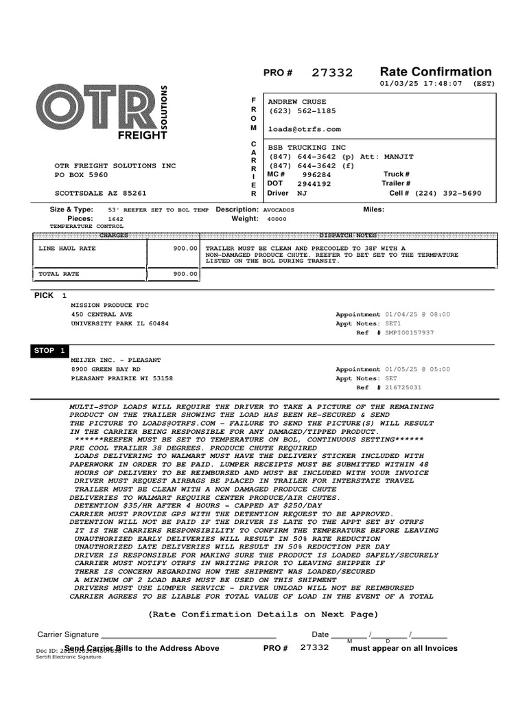 Reefer Load Rate Confirmation Details | PDF | Cargo | Freight Transport