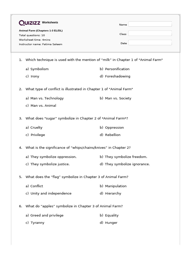 Animal Farm (Chapters 1-3 EL - DL) - Quizizz | PDF