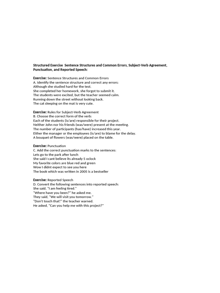 Sentence Structure and Grammar Exercises | PDF