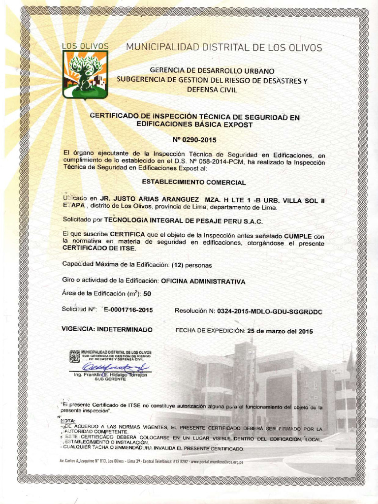 Certificado de Inspeccion Tecnica de Seguridad en Edificaciones Tecnipesa Peru Sac | PDF